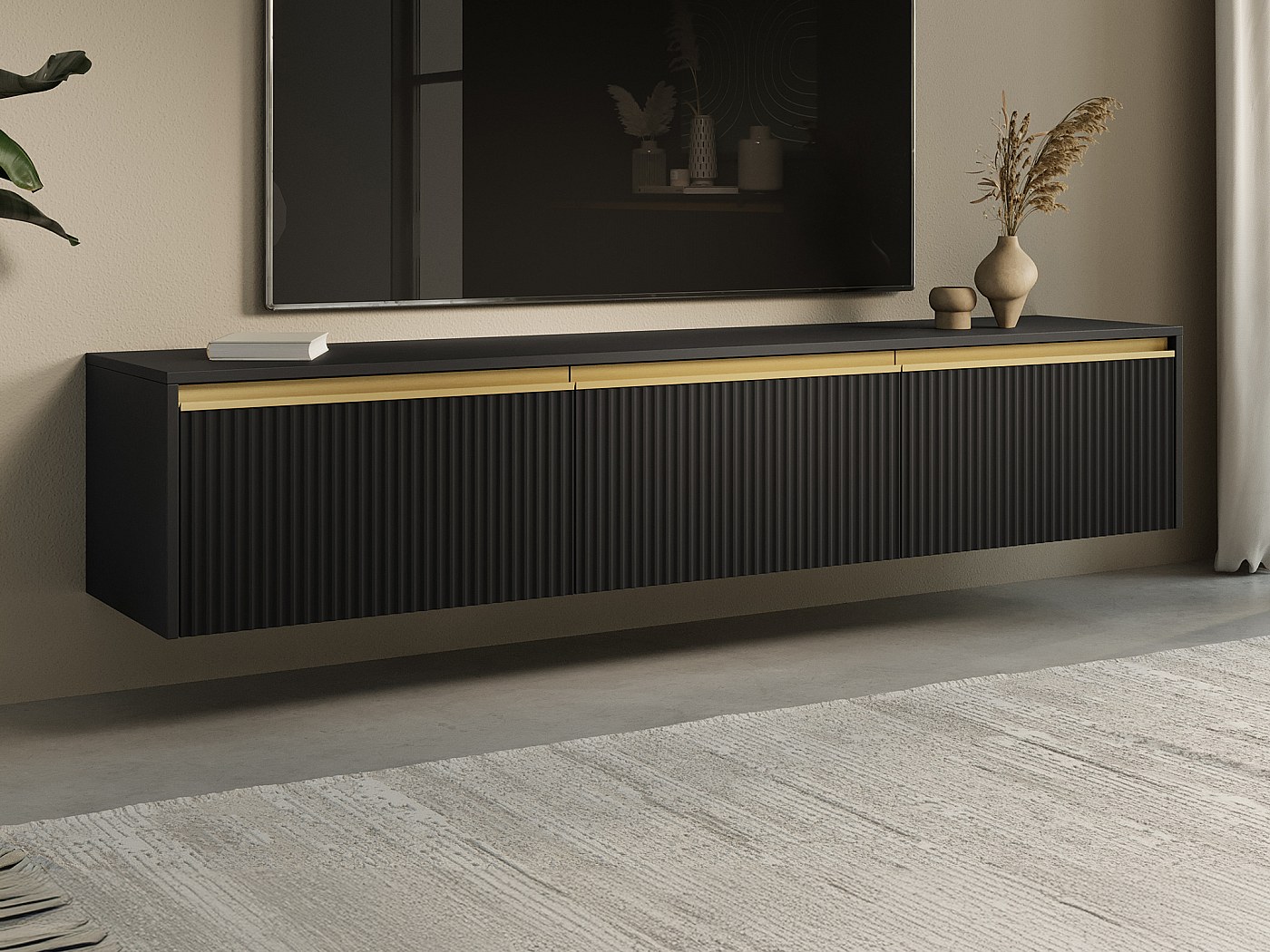 Mueble de TV flotante o de pie con 3 puertas de MDF - Negro y Dorado ...