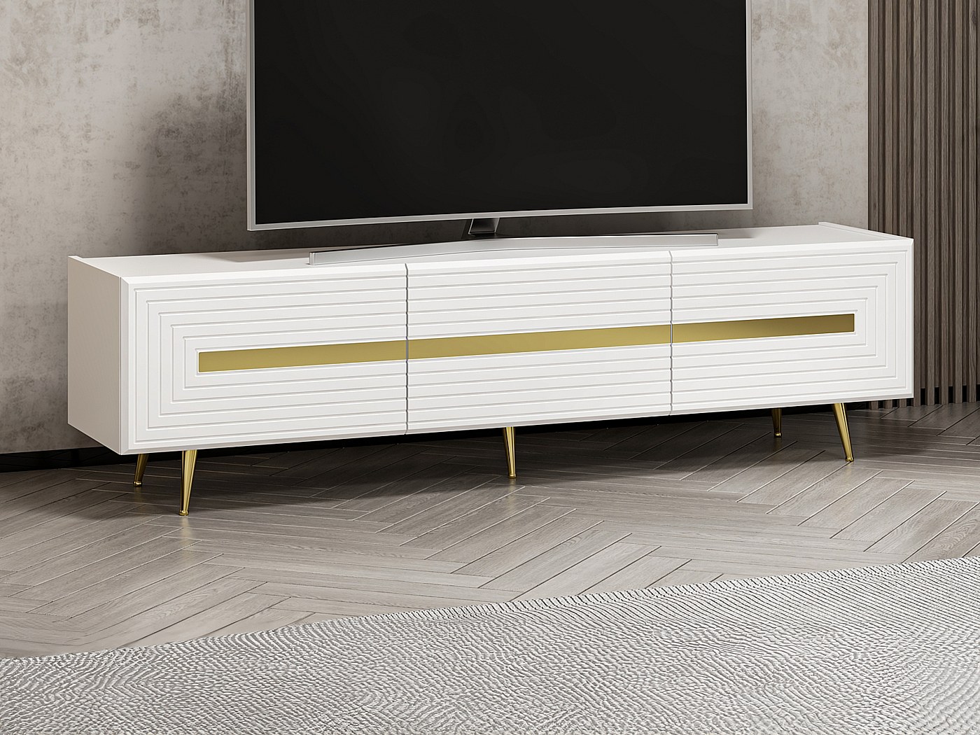 Meuble TV avec 3 portes - Coloris : Blanc et doré - MOLYA