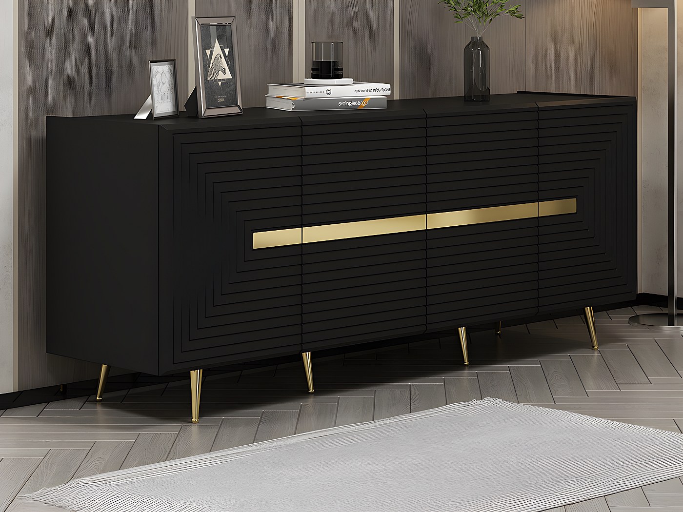 Buffet design avec 4 portes en MDF - Noir et doré - MOLYA