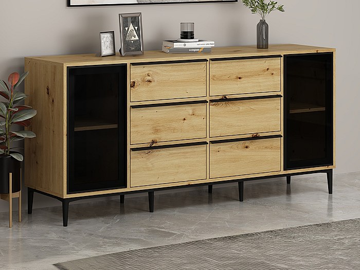 Buffet avec 2 portes en verre trempé et 6 tiroirs - Naturel et noir ...