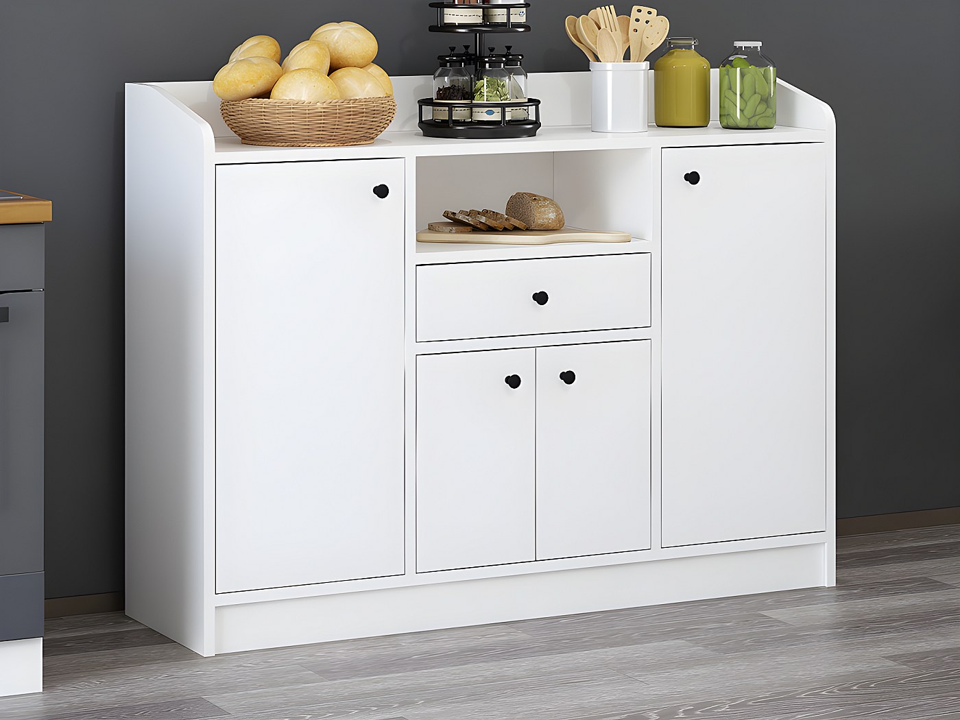 Buffet de cuisine avec 4 portes, 1 tiroir et 1 niche - Blanc - MIZOTA