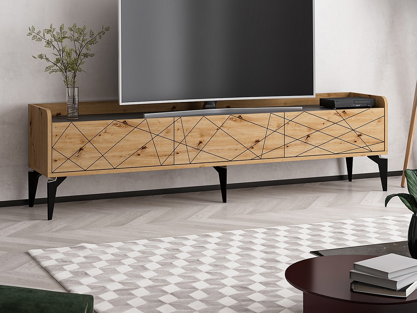 Tv-meubel met 3 deurtjes - Naturel en antraciet - MONALIA