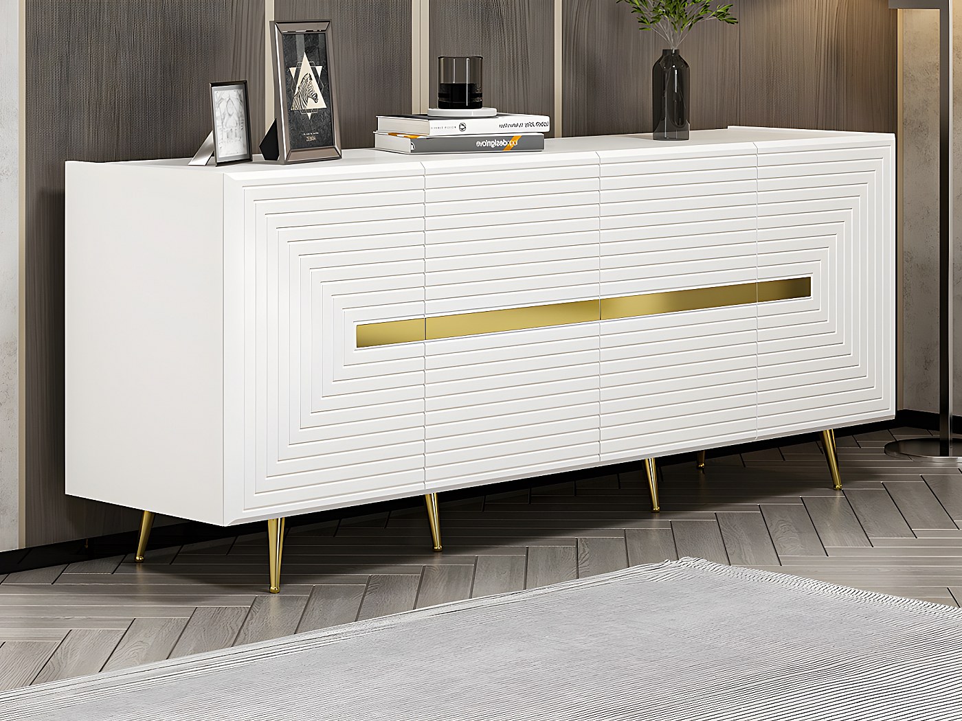 Buffet design avec 4 portes en MDF - Blanc et Doré - MOLYA