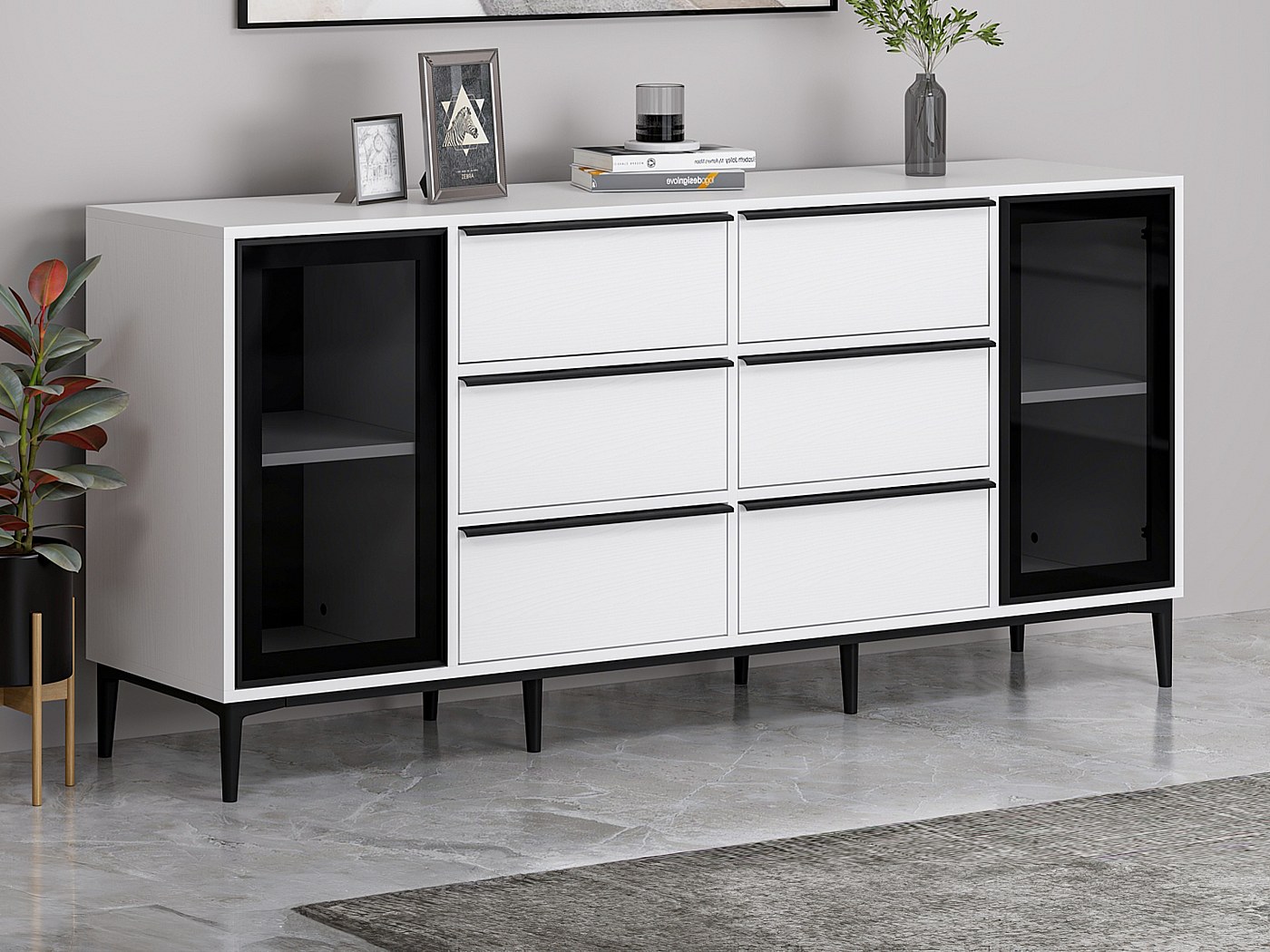 Buffet avec 2 portes en verre trempé et 6 tiroirs - Blanc et noir - MOLINIA