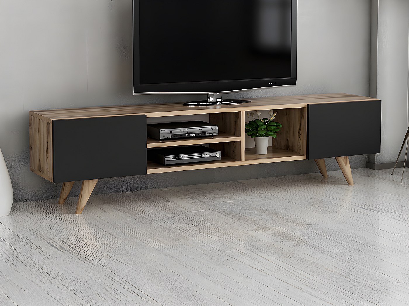 Meuble TV avec 2 portes et 3 niches - Noir et Naturel - MOSTIA