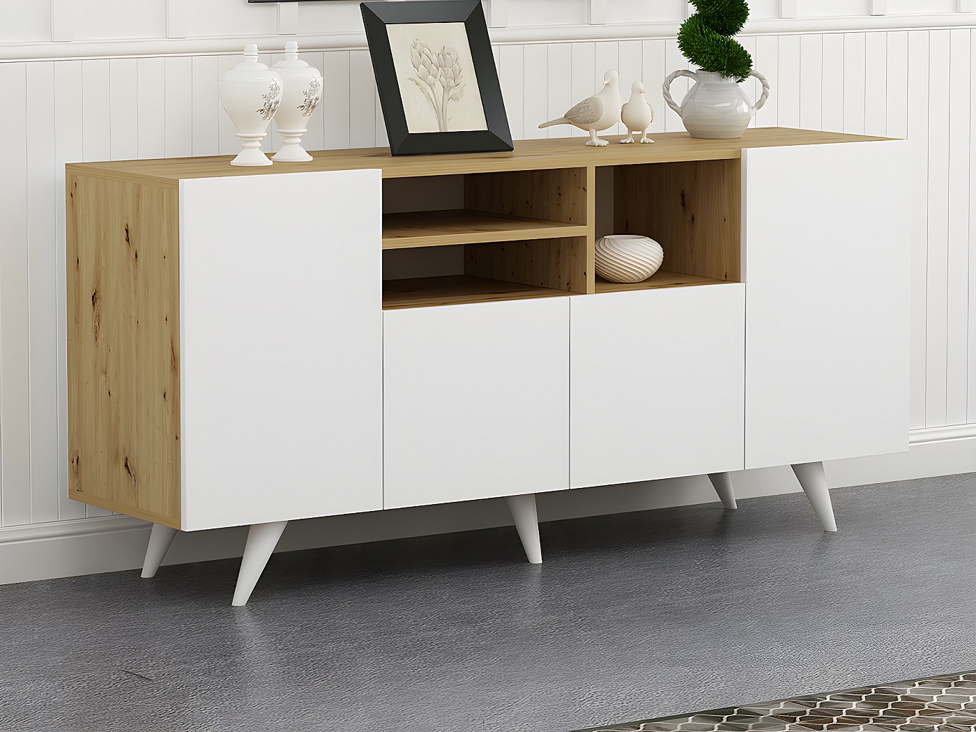Buffet avec 4 portes et 3 niches - Blanc et Naturel - MOSTIA