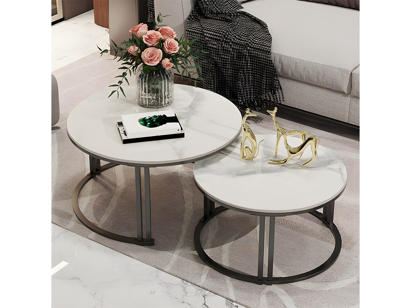 2er-Set Couchtische im Stapeldesign mit Marmoroptik und Metallgestell, rund