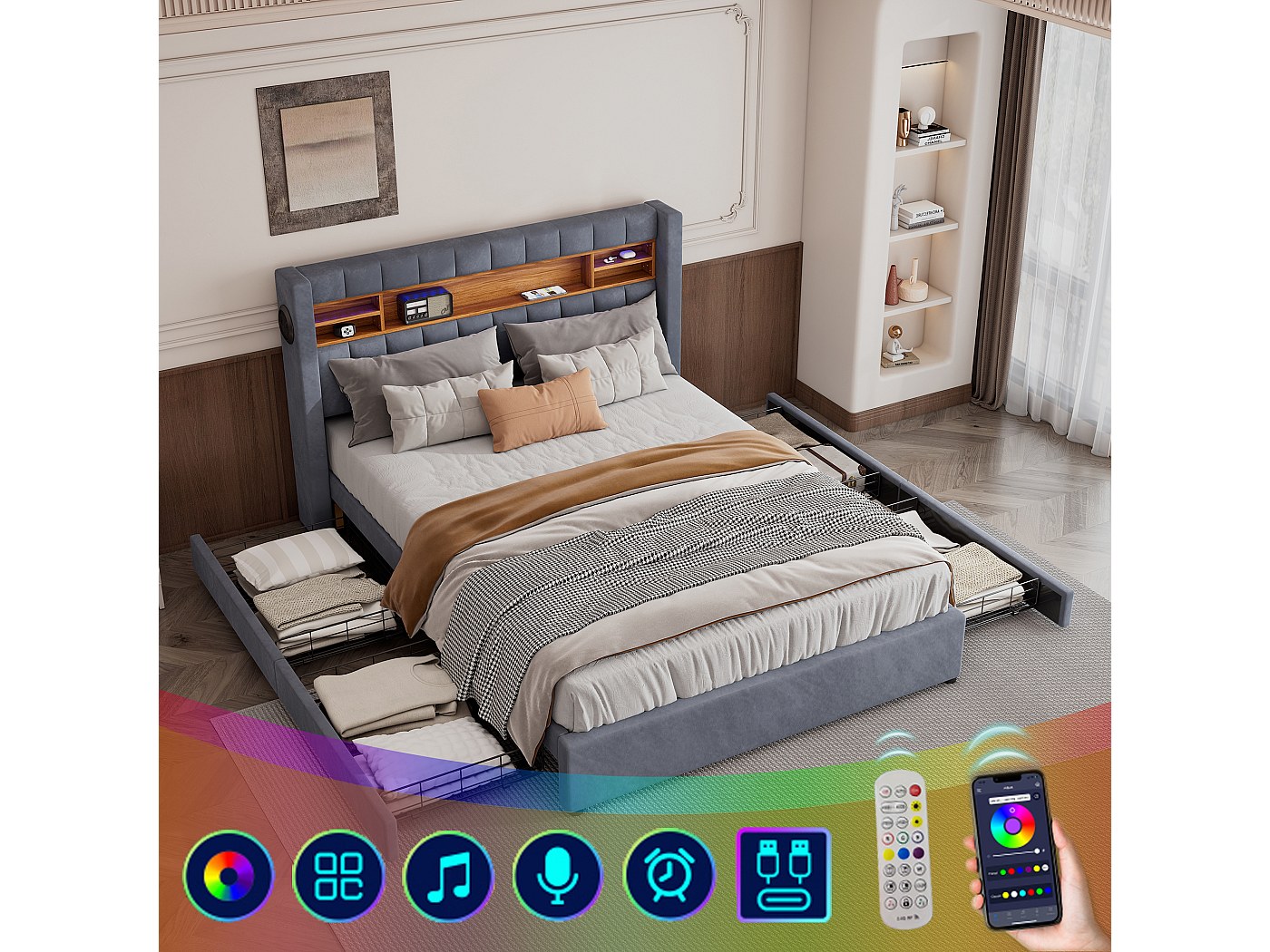 Lit double avec bande lumineuse LED 16 couleurs 140x200cm, lecteur ...