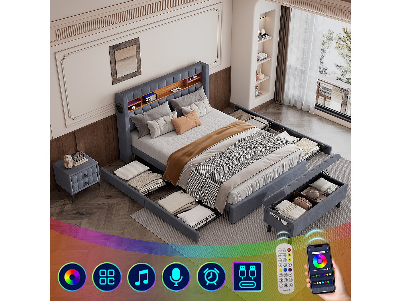 Lit rembourré 140x200cm, 1x table de chevet + tabouret de lit avec ...