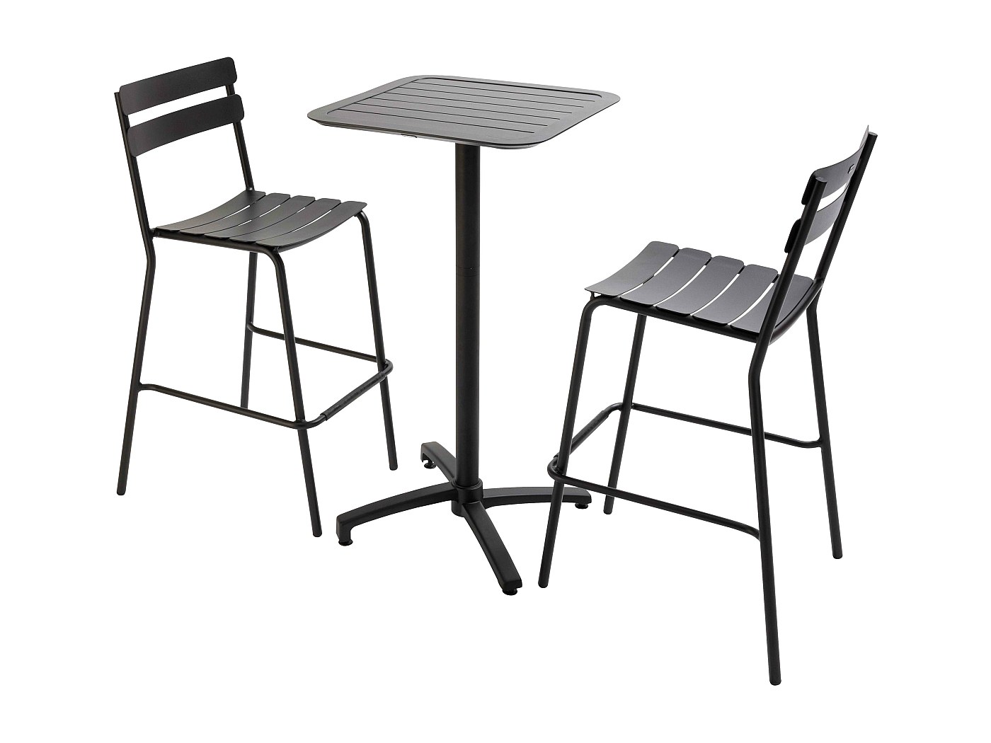 Conjunto de mesa alta reclinable y 2 sillas altas en aluminio negro.