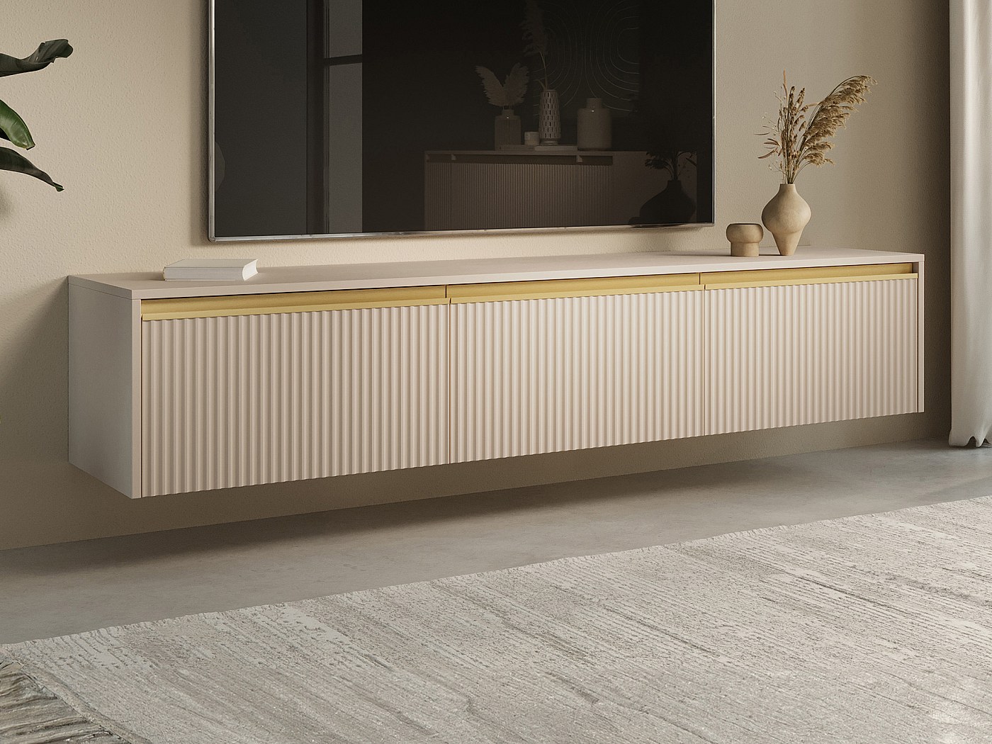 Mueble de TV flotante o de pie con 3 puertas de MDF - Beige y Dorado ...