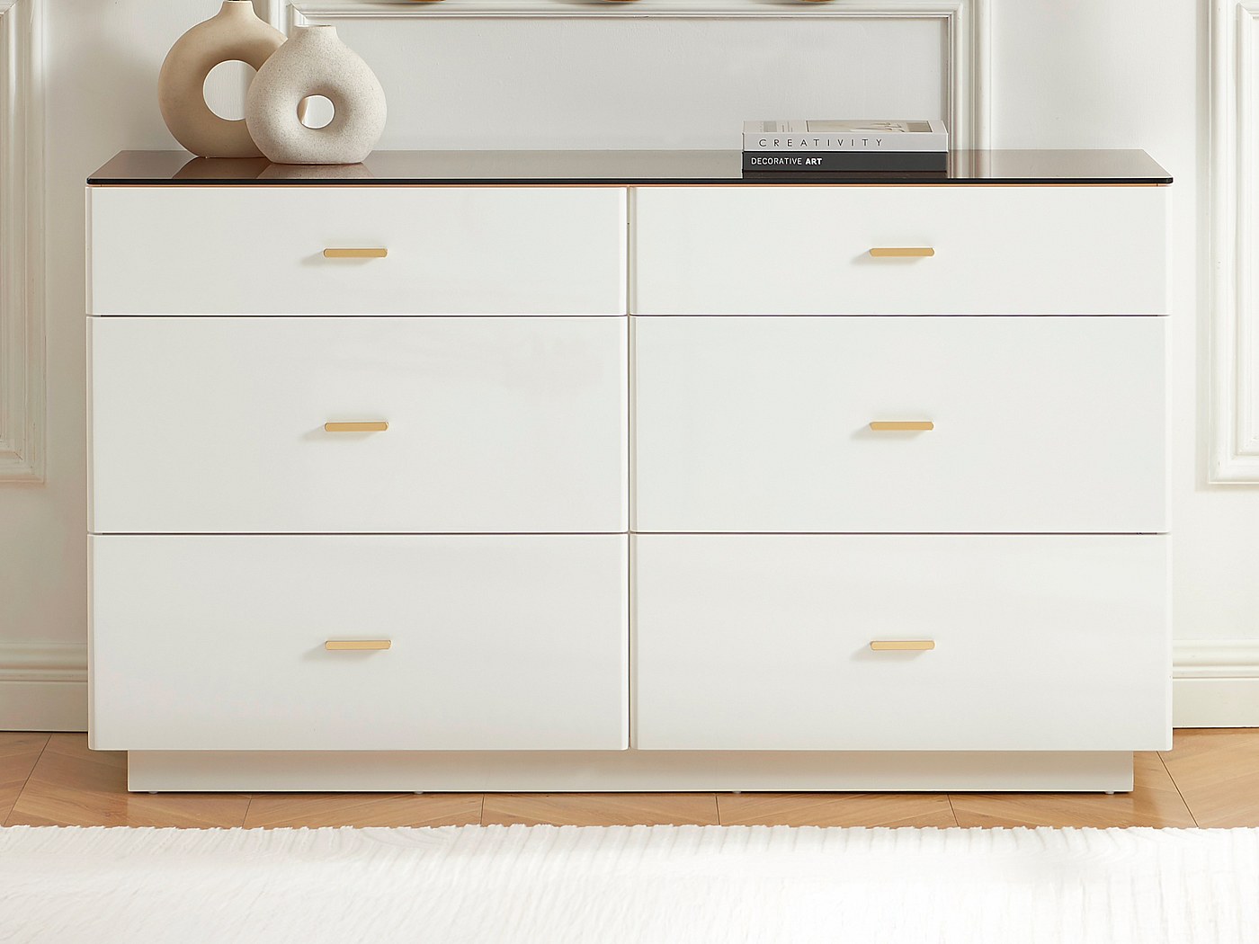 Commode 6 tiroirs en MDF et verre trempé coloris blanc laqué et marron ...