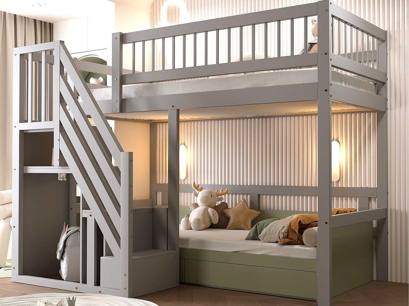 Letto a castello per bambini in legno massello 90x200 cm - con scale e ...