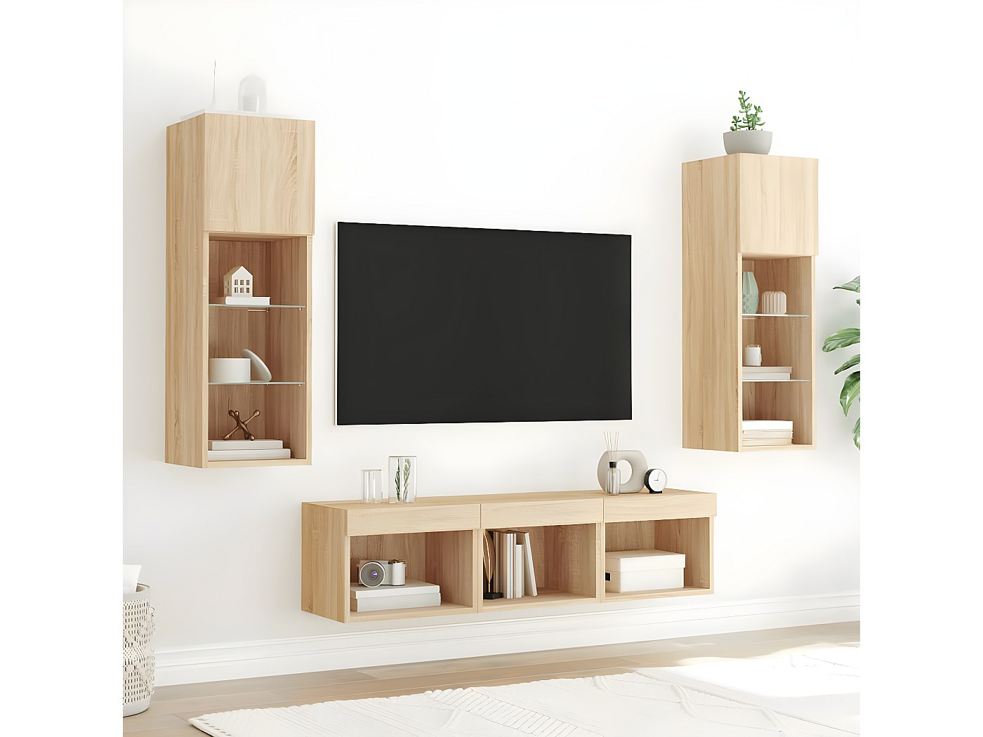 Muebles TV pared con LED 5 pzas madera ingeniería roble Sonoma ES87961