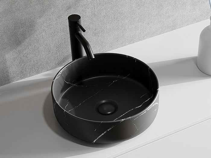 Aufsatzwaschbecken rund - Schwarz - Marmor-Optik - Keramik - 36 cm ...