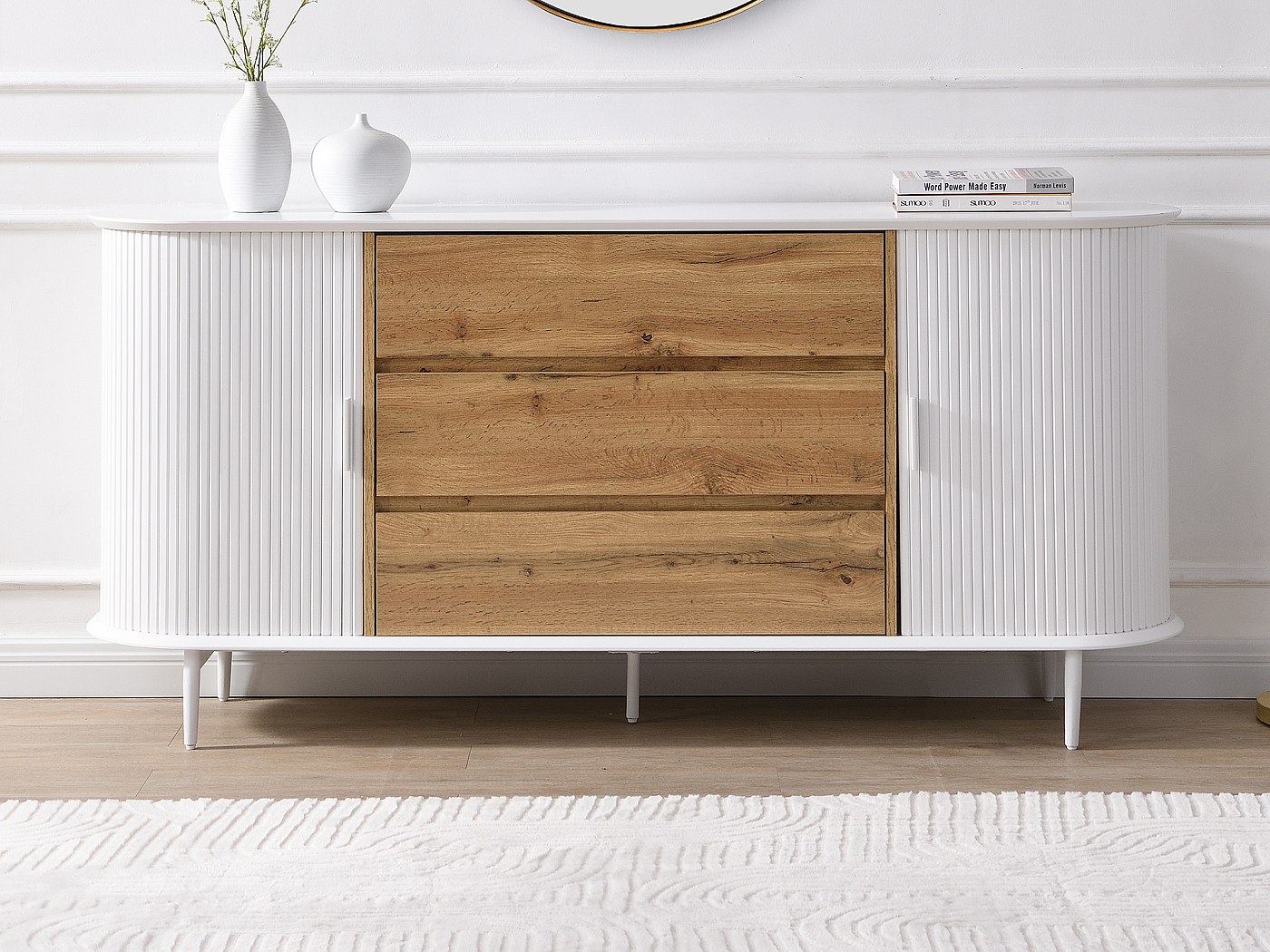 Buffet avec 2 portes coulissantes et 3 tiroirs en MDF - Naturel et ...