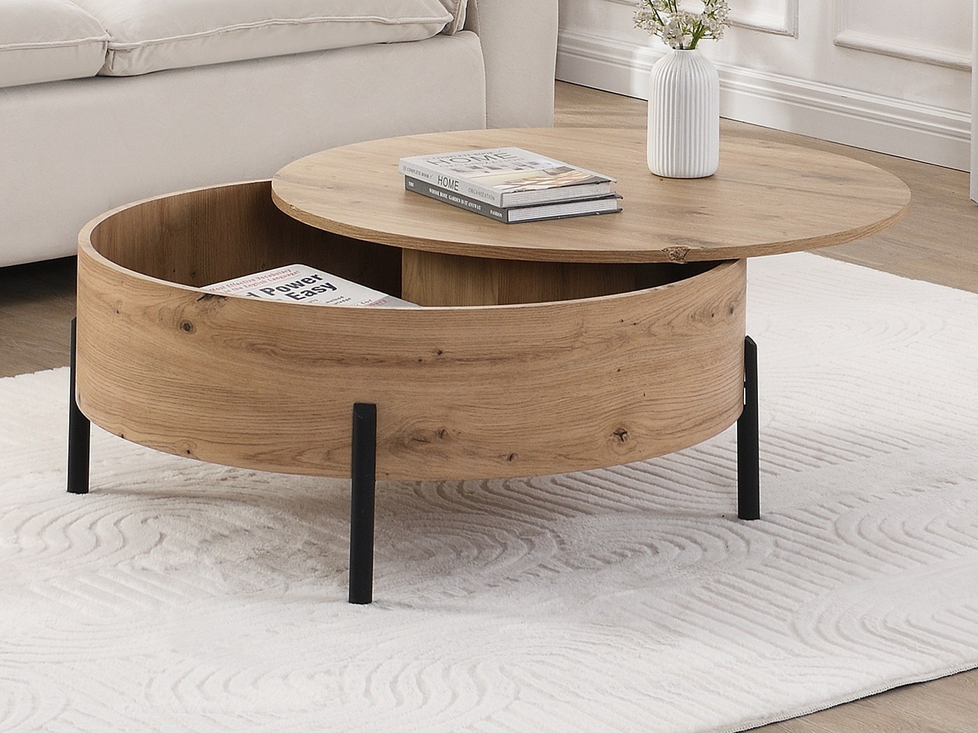 Table basse avec plateau pivotant en MDF et acier - Naturel - YEMELIA