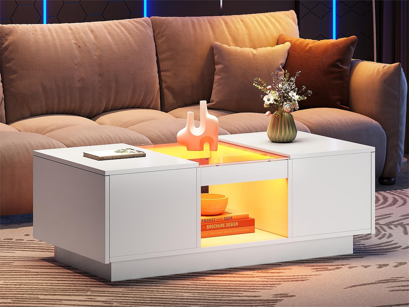 Salontafel met LED - 2 laden & 1 open vak - Wit