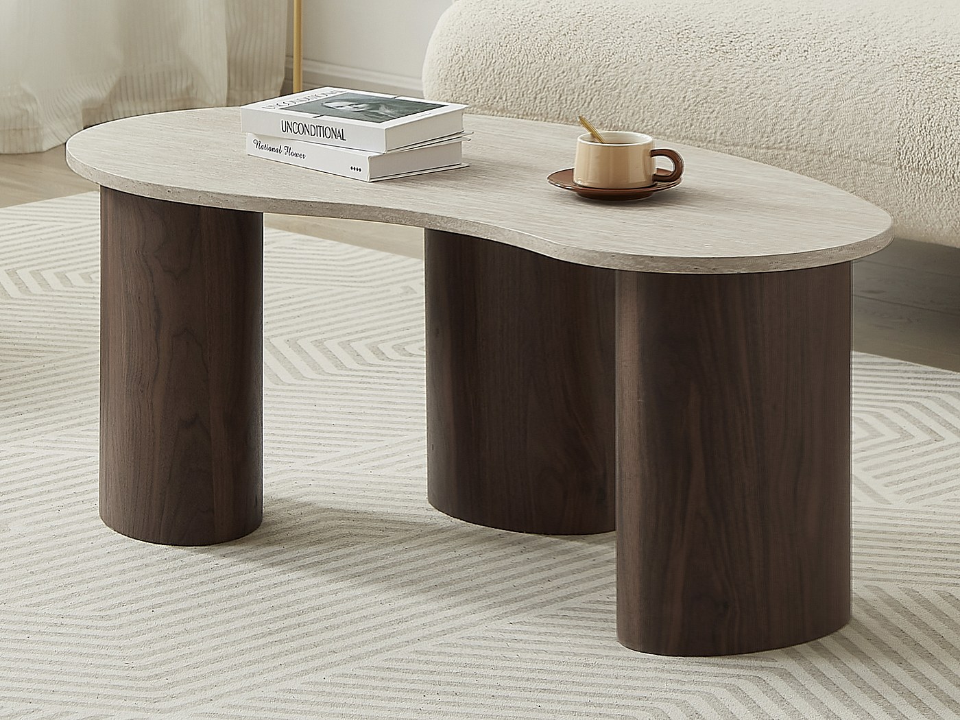 Table basse en MDF - Effet travertin beige et naturel foncé - ALOZYA
