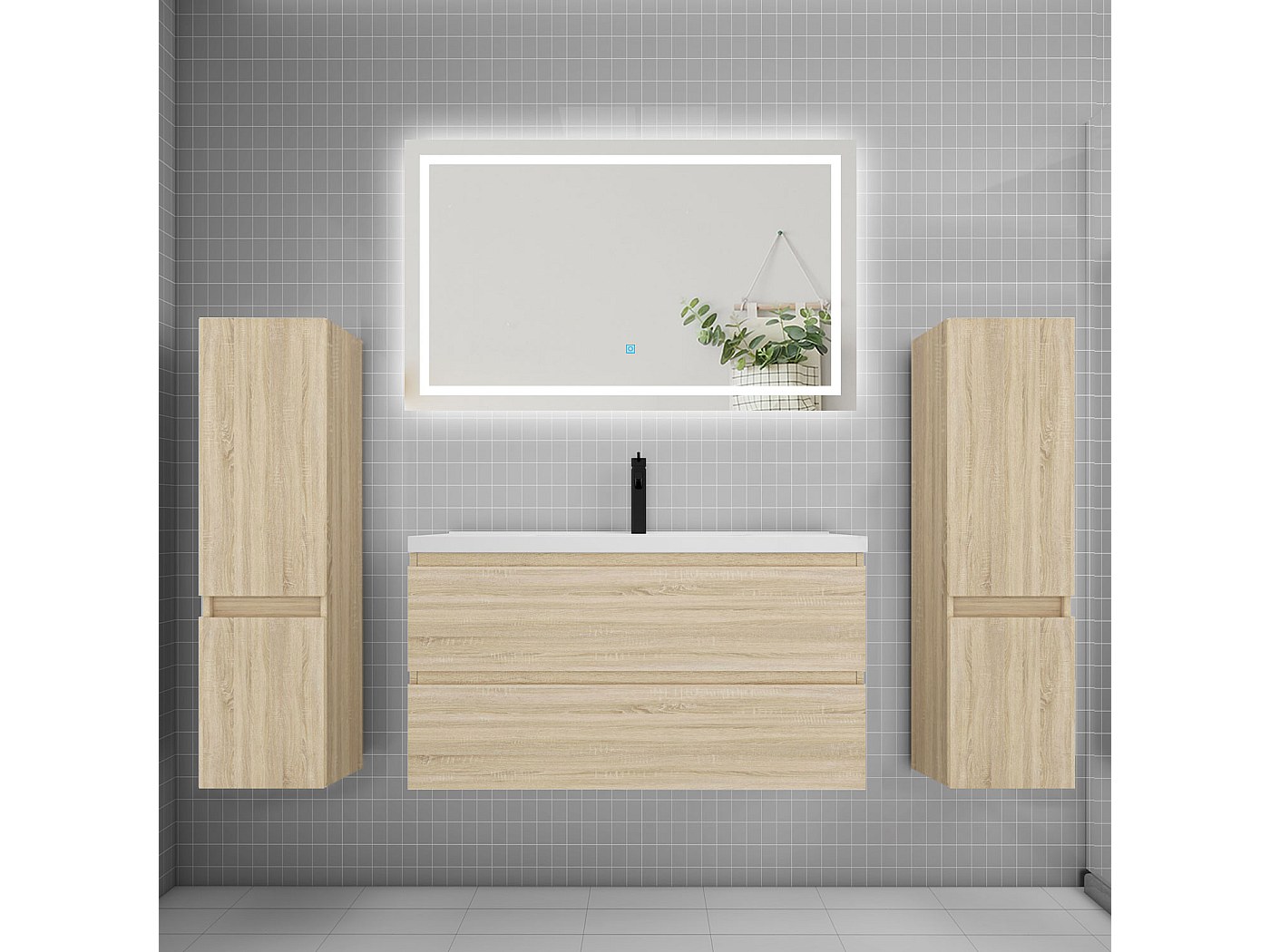 Ensemble meuble de salle de bains 100cm, vasque + colonne + LED miroir ...