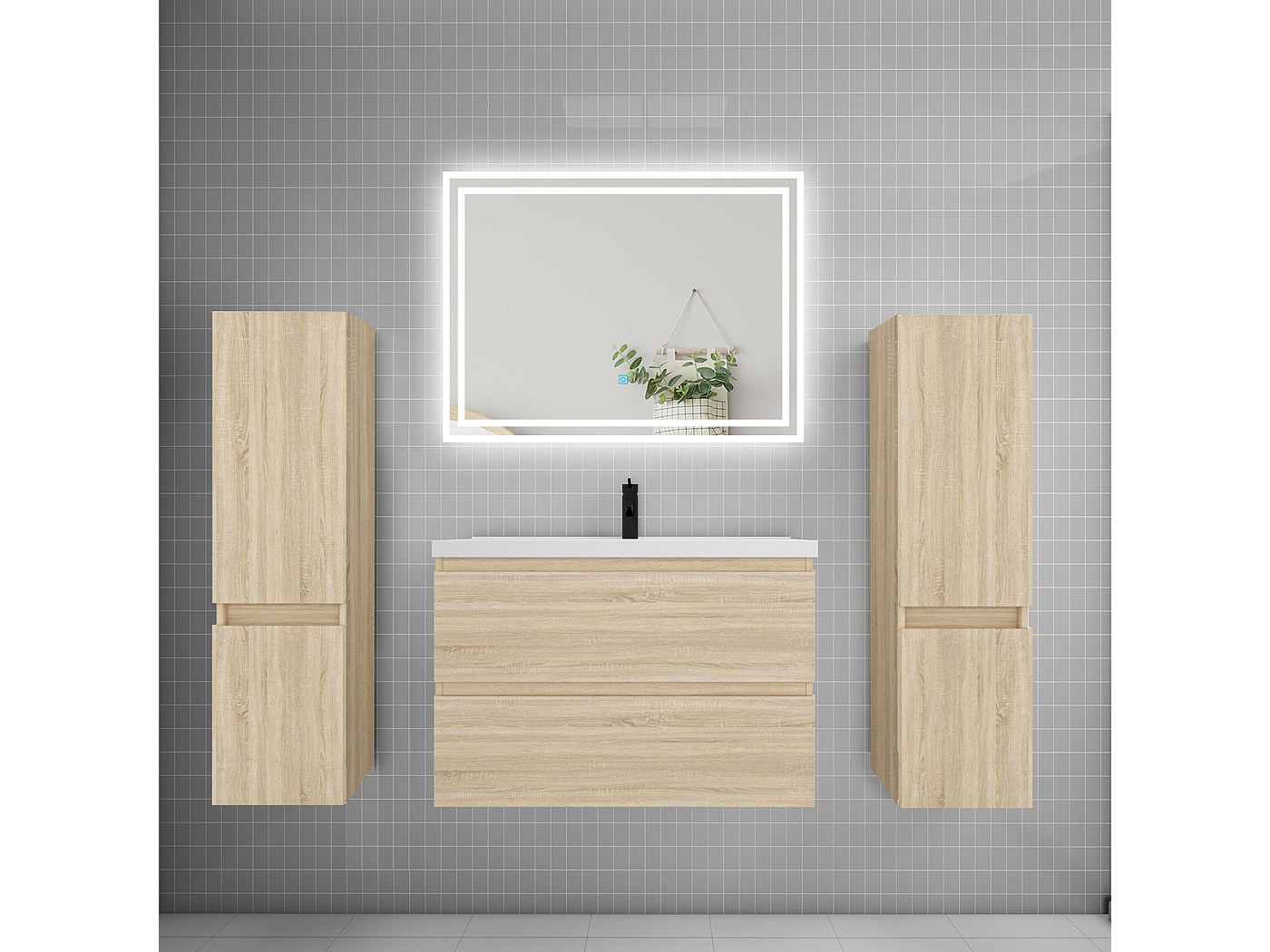 Ensemble meuble de salle de bains 80cm, simple vasque + colonne + LED ...