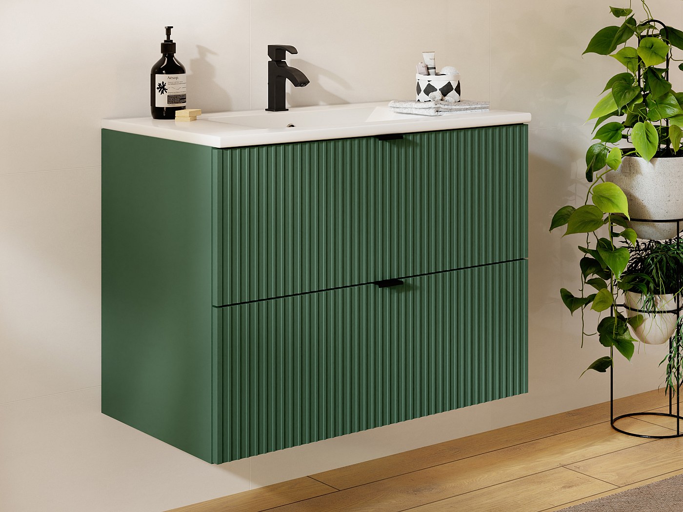 Meuble de salle de bain suspendu strié mat, vasque à encaster, vert, 80 ...