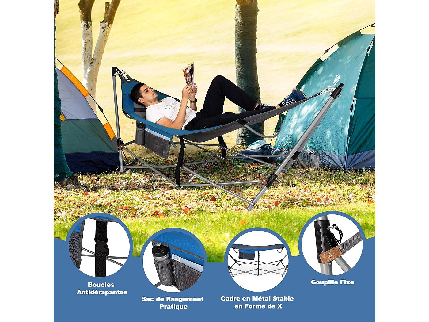 Hamac sur Pied, Hamac Pliant avec Support Métallique et en Tissu et ...