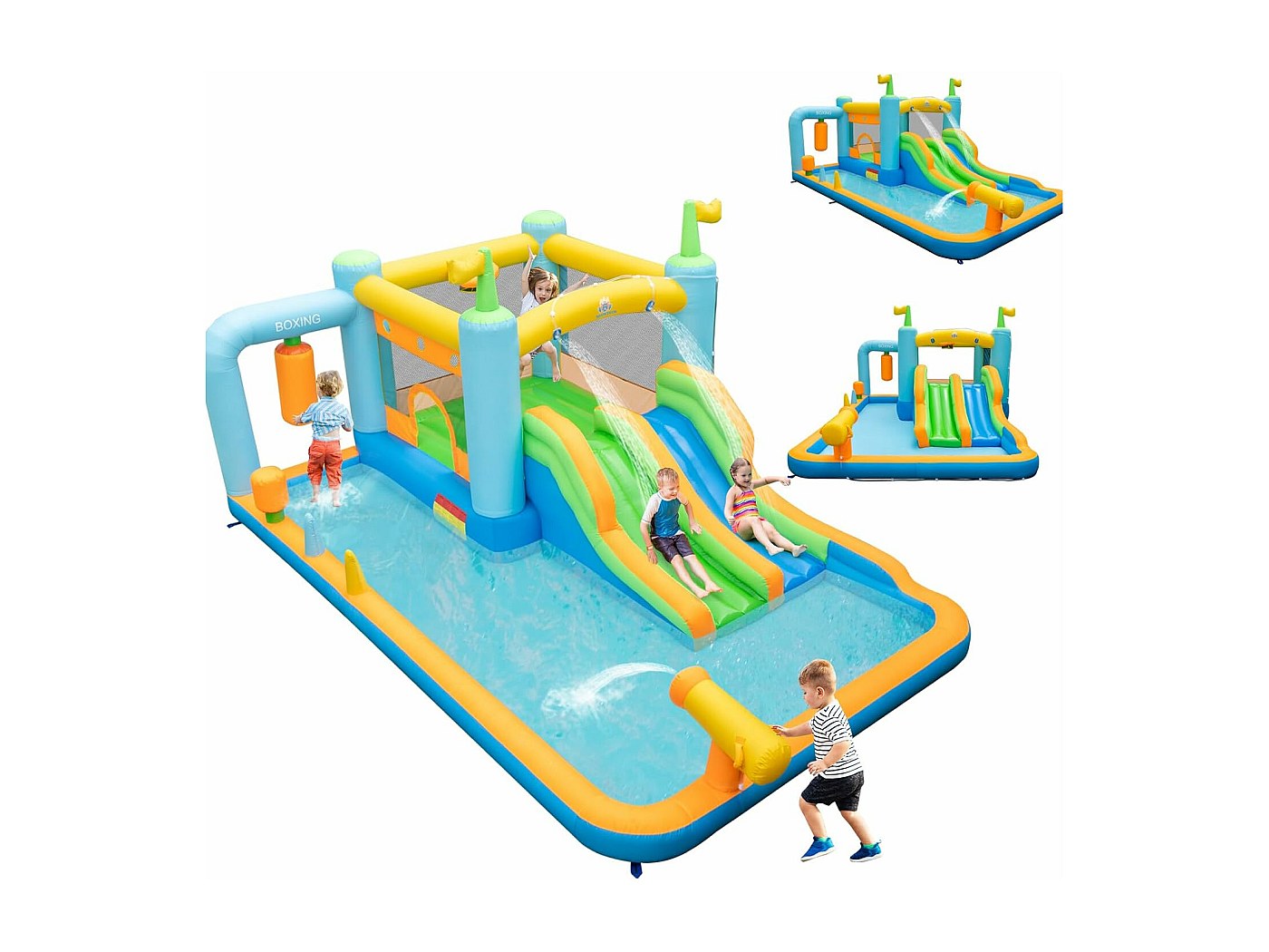 6 en 1 Château Gonflable avec Double Toboggan & Sac de Sable de Boxe, Aire de Jeux Gonflable ...