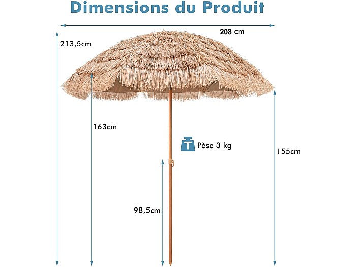 Parasol en Paille PP Φ208 CM, Parasol de Plage Inclinable, Parasol ...