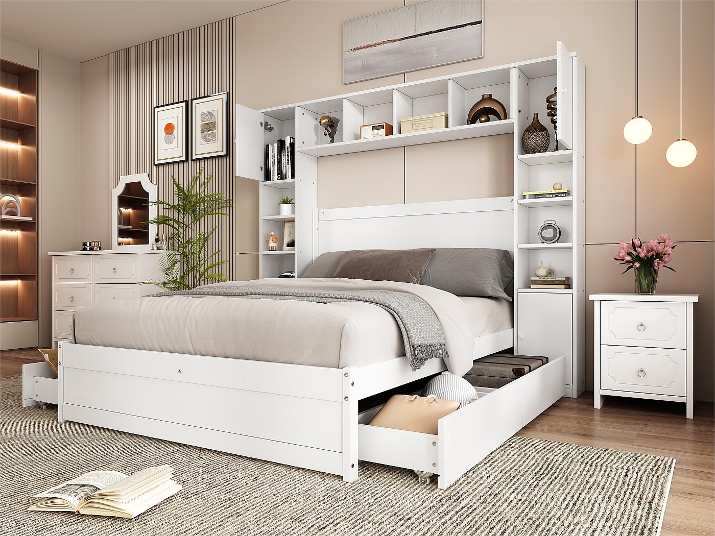 Lit double 140x200 cm - avec multiples rangements - en MDF - Blanc