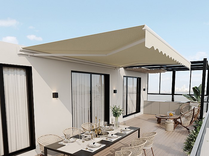 Estore exterior motorizado com caixa semi-embutida 5 x 3 m bege - COFANA