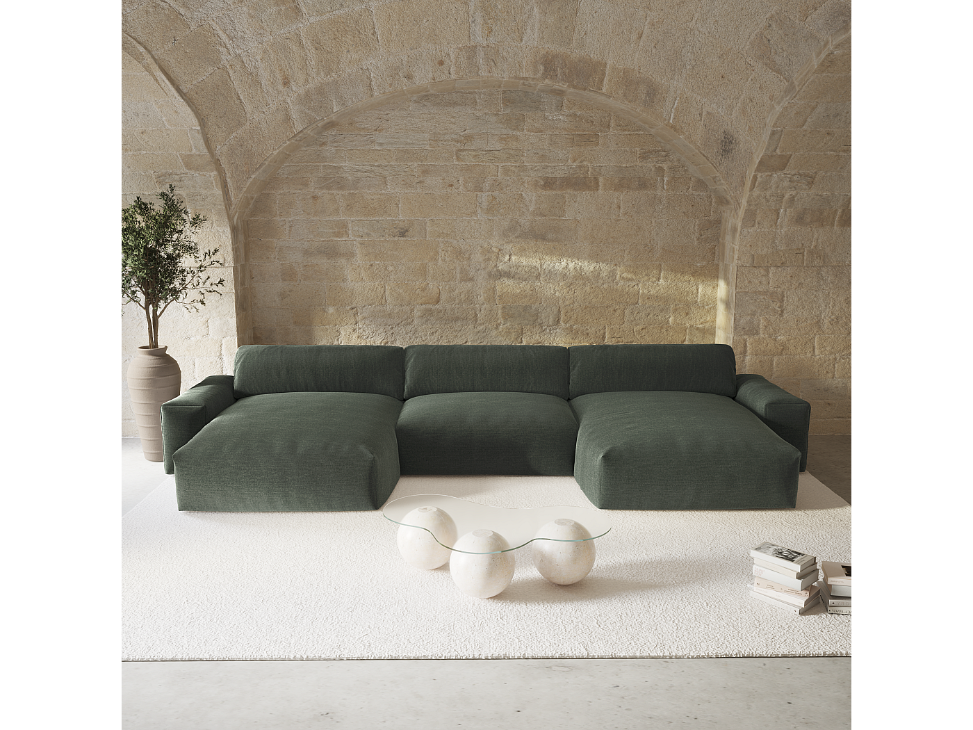 Canapé panoramique 5 places tissu tramé toucher doux vert kaki 420cm