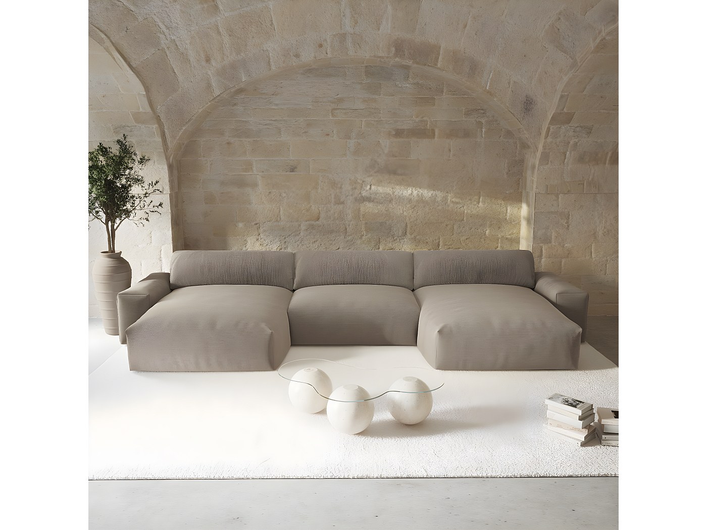 Canapé panoramique 5 places tissu tramé toucher doux taupe 420cm