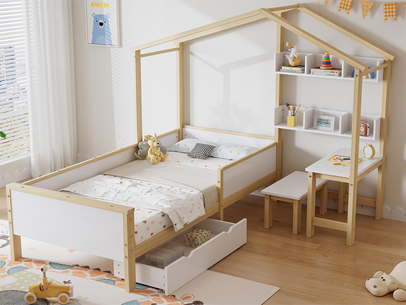 Lit enfant 90x200 cm en bois massif - avec tiroirs, étagère et bureau ...