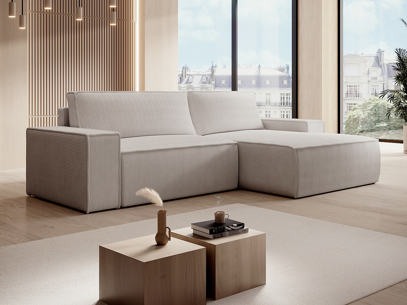 Zitbank met rechtse hoek in beige ribfluweel 4 plaatsen AMELIA