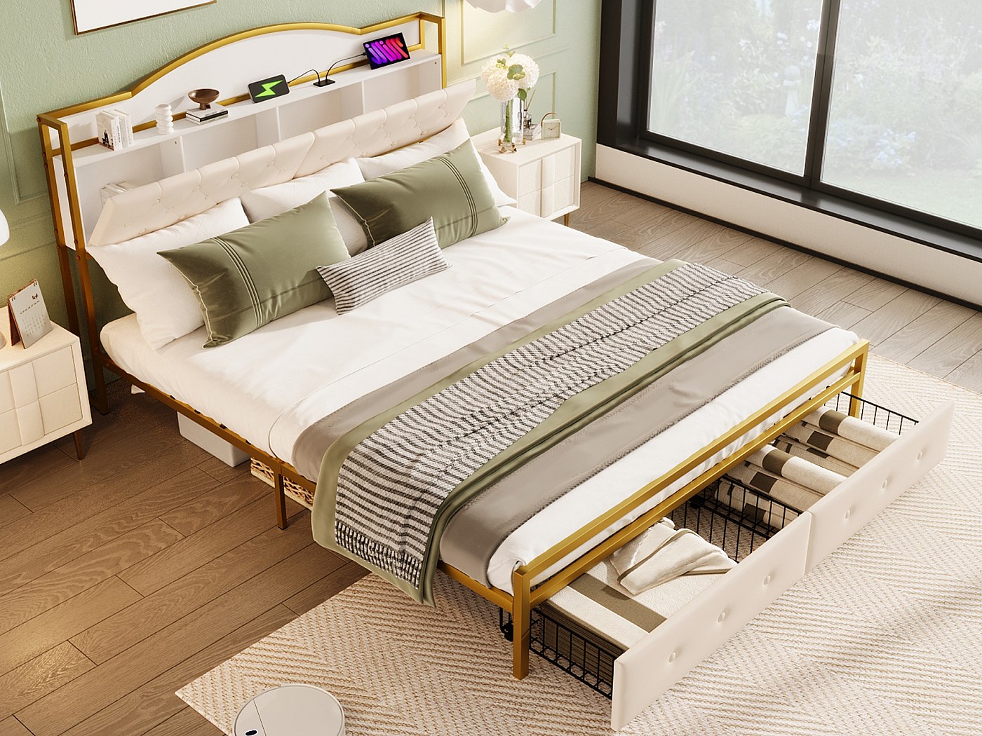 Lit 180 x 200 cm avec 2 tiroirs et 3 compartiments - Métal et MDF ...