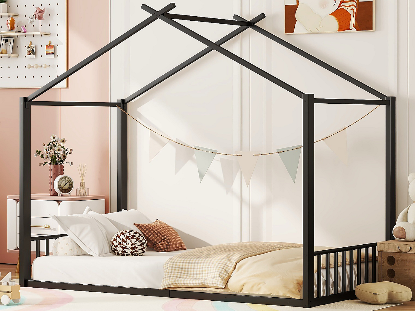 Cabinebed 90 x 200 cm - kinderbed - metaal - lattenbodem - zwart