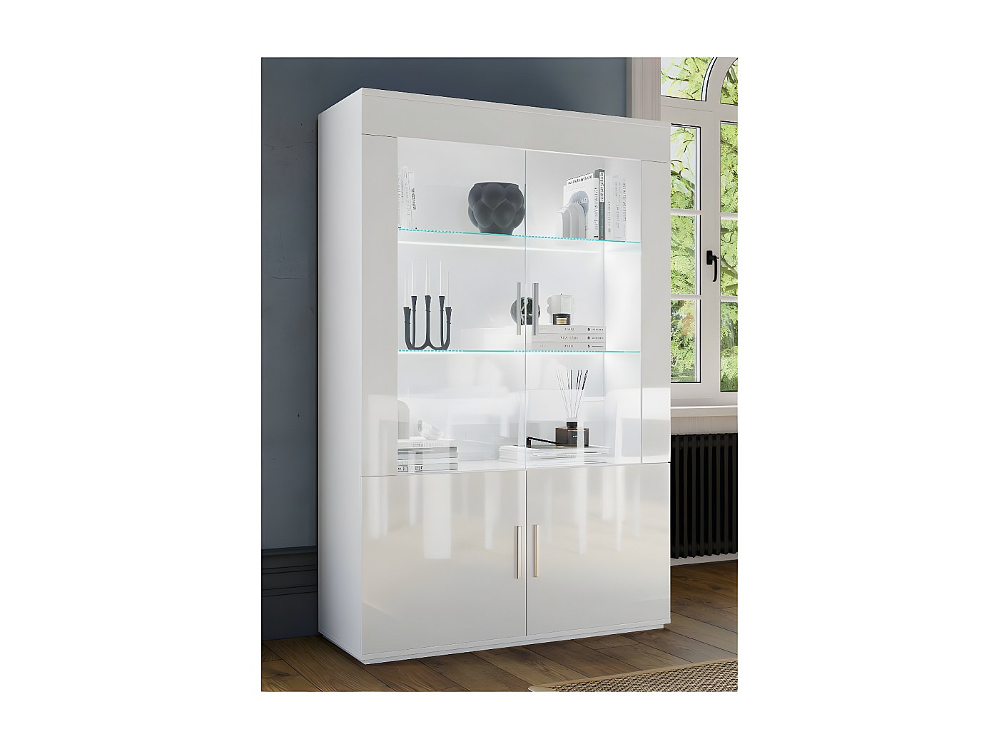 Vaisselier 4 portes Blanc/Blanc laqué à LEDS - REVE - L 117 x l 47 x H ...
