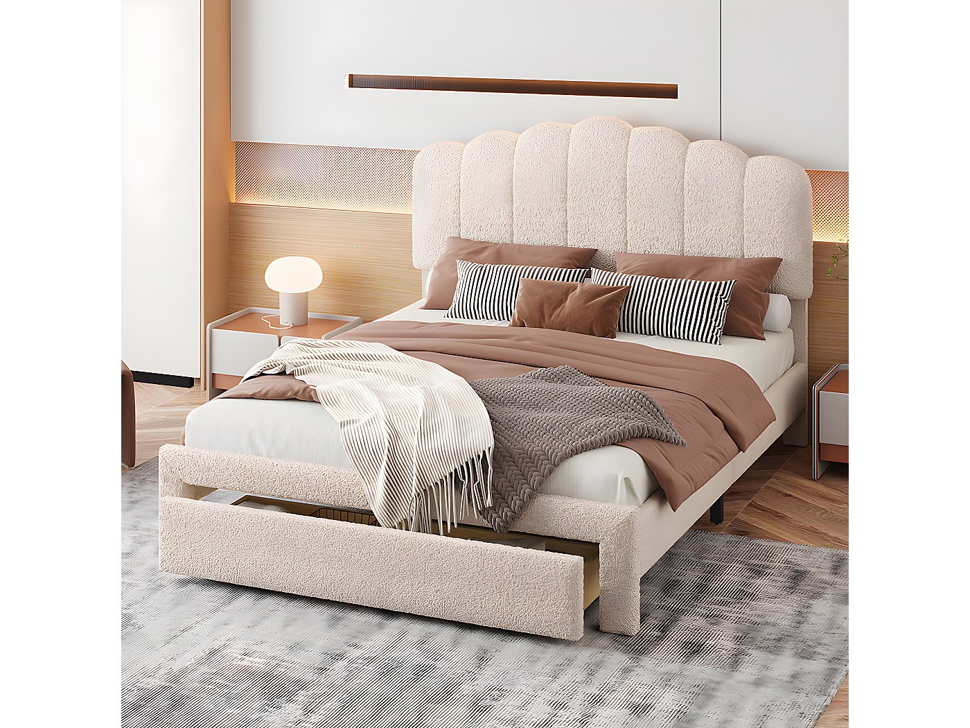 Lit avec tiroirs Lit rembourré 140x200 cm tissu Teddy doux pour la peau ...