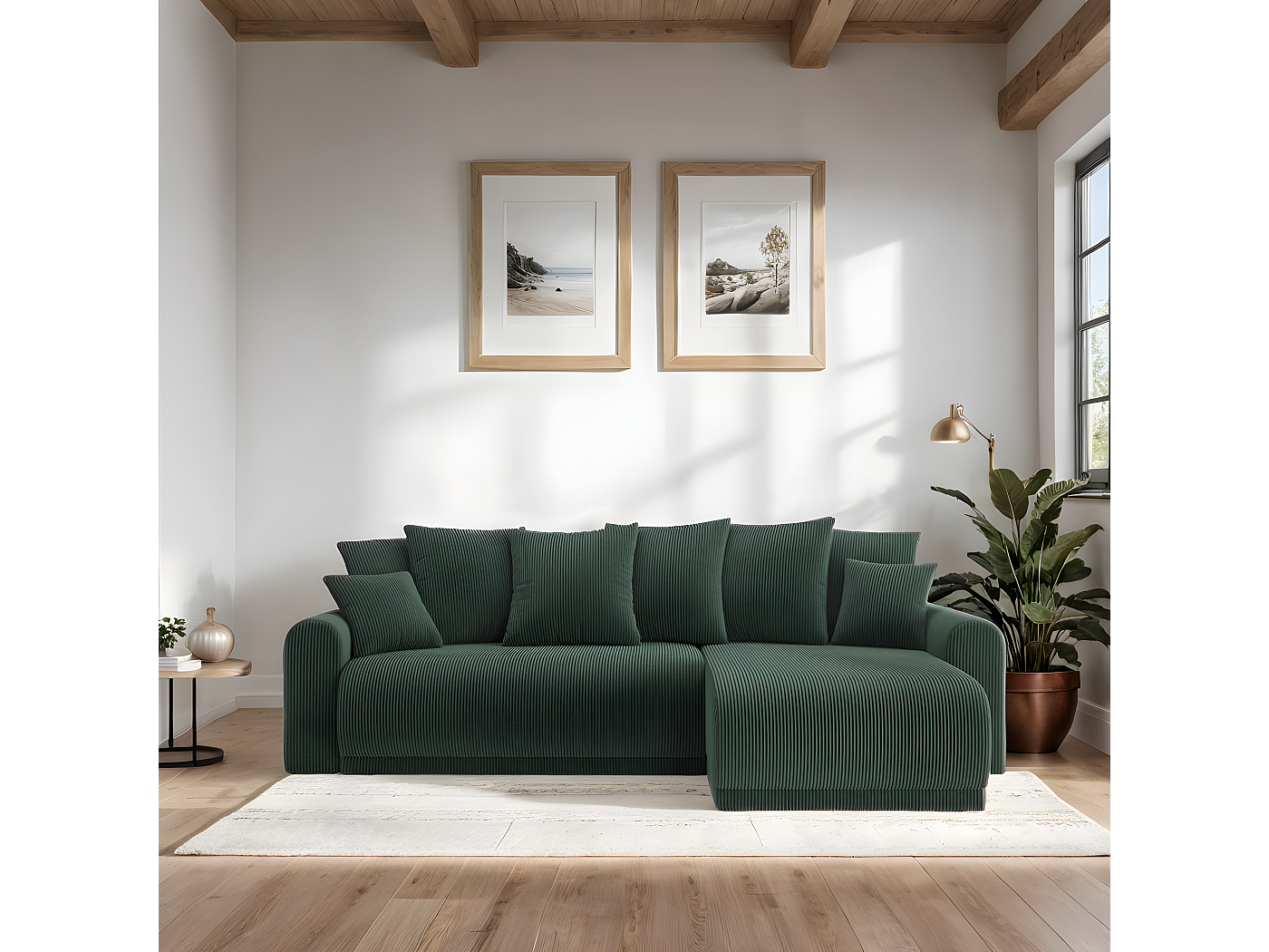 Canapé angle UGO convertible velours côtelé vert 4 places