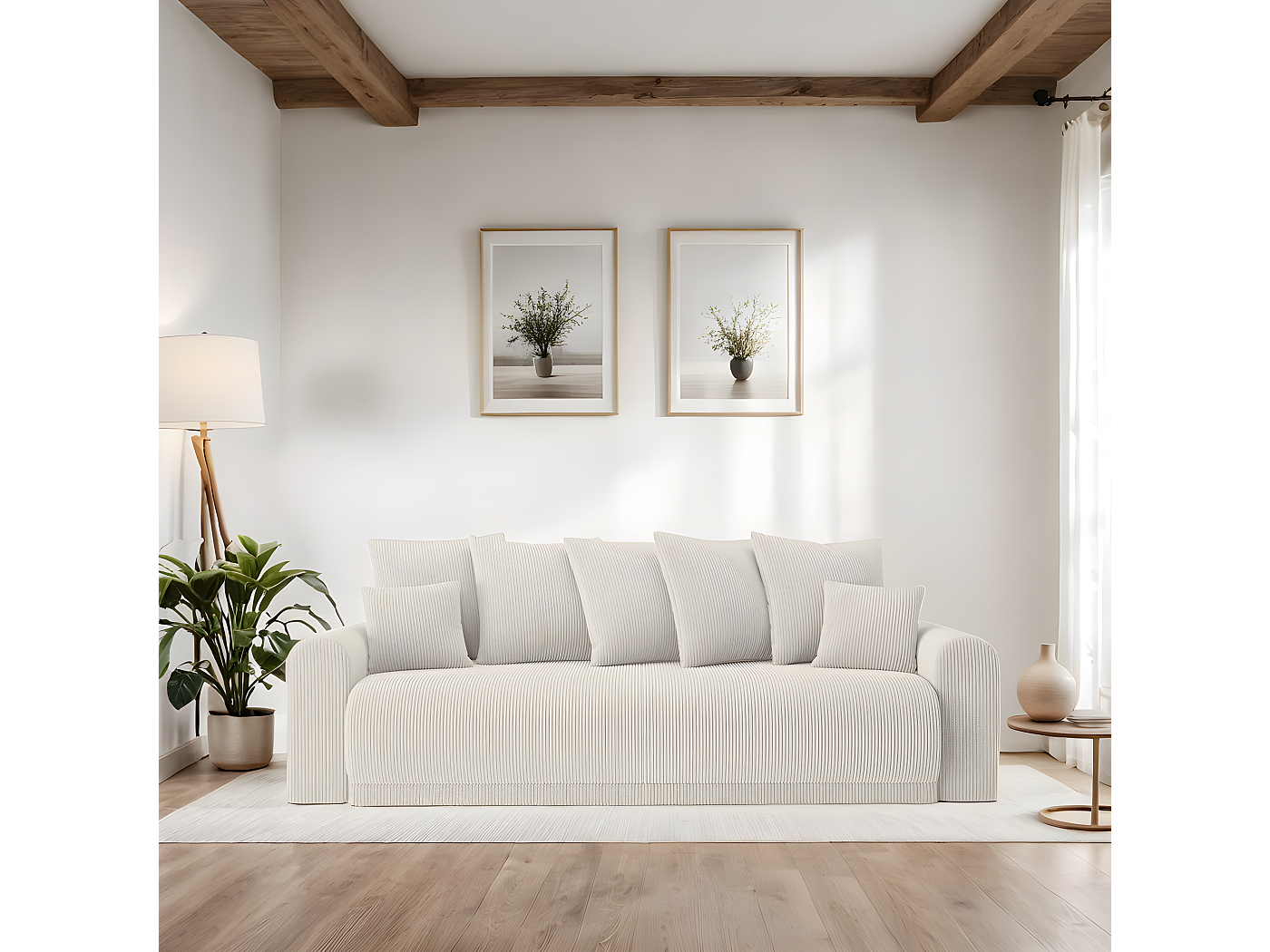 Canapé droit UGO convertible velours cotêlé beige 3 places