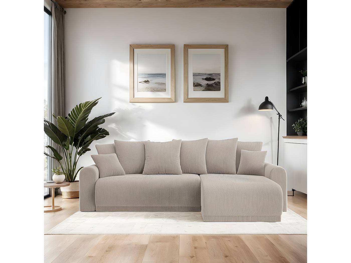 Canapé angle UGO convertible velours côtelé grège 4 places