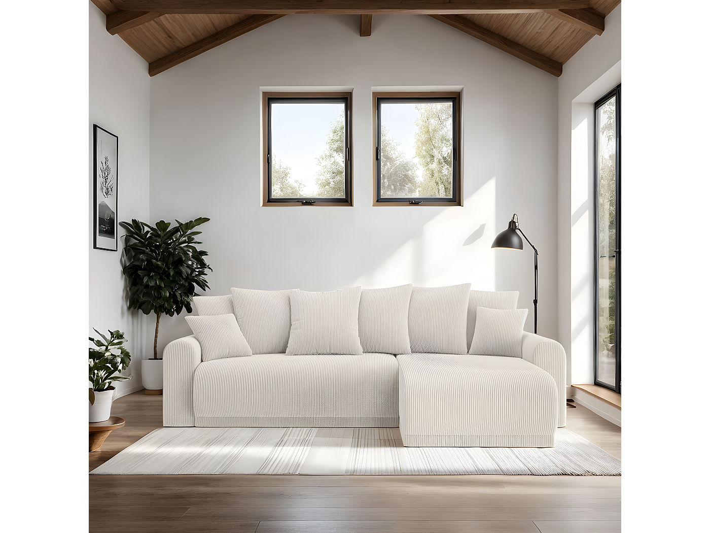 Canapé angle UGO convertible velours côtelé beige 4 places