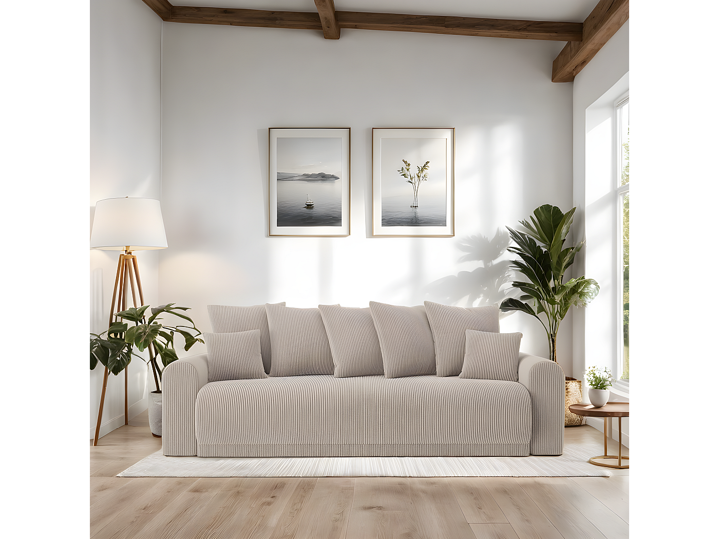 Canapé droit UGO convertible velours cotêlé grège 3 places