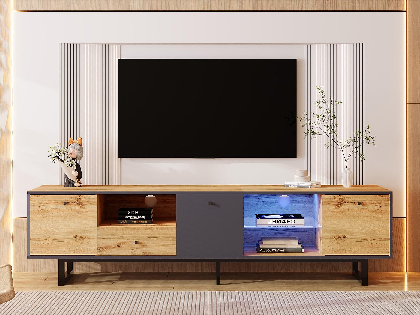 Mobile TV 190 cm con LED - 6 divisori e 1 cassetto - Naturale