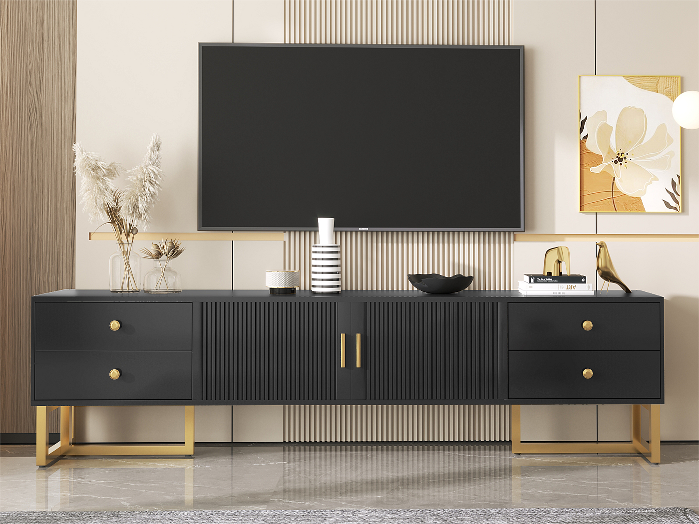 Meuble TV 175 cm - 2 portes texturés et 4 tiroirs - en MDF - Noir