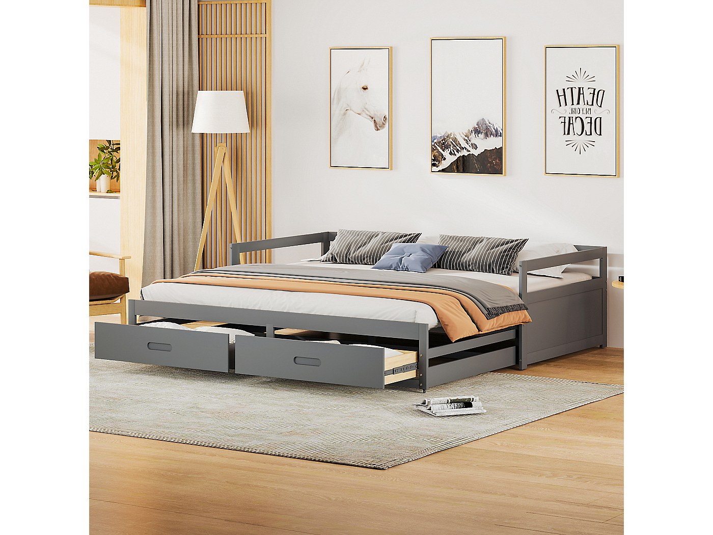 Rollbett 90 x 200 cm mit 2 Schubladen – Kiefernholz – Lattenrost – Grau