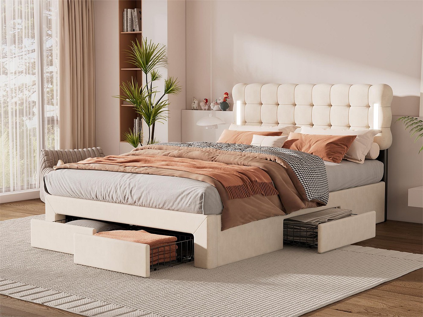 Lit double 140x200 cm en velours - avec LED et 4 tiroirs en bout de lit ...