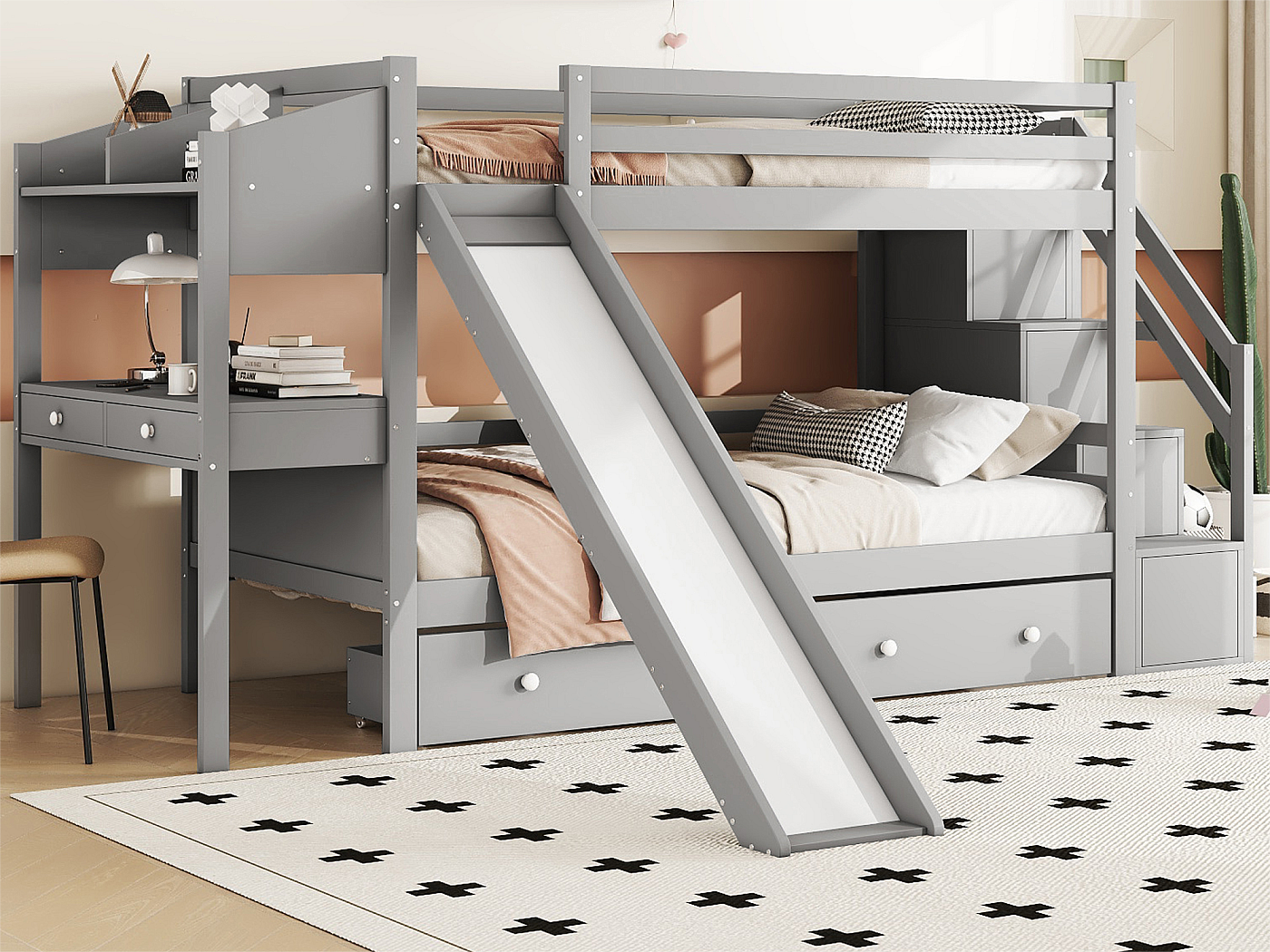 Lit superposé 90x200 cm en bois massif - avec bureau，toboggan et 2 ...