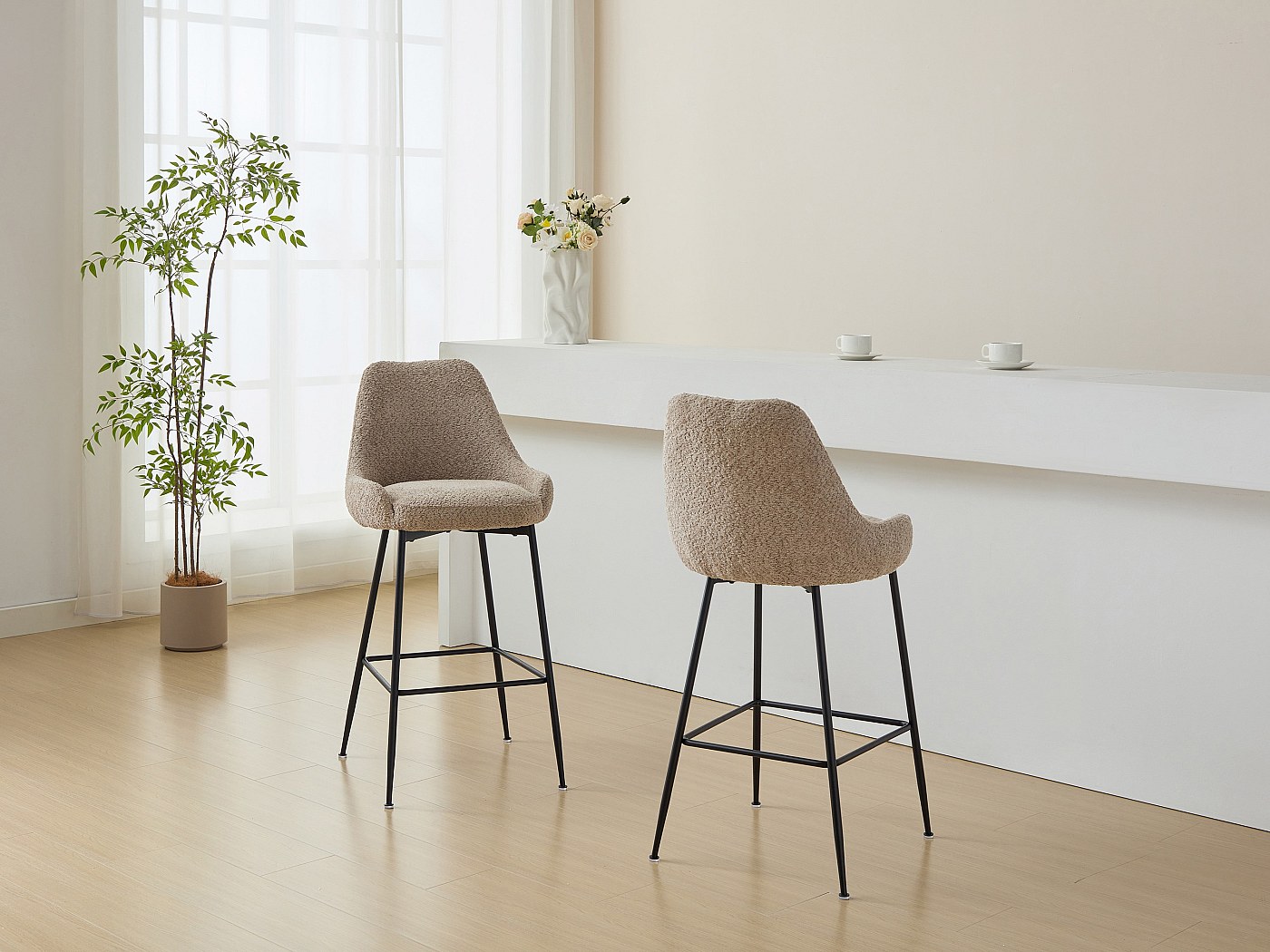 Lot de 2 tabourets de bar en tissu bouclette et métal noir - Taupe - TOYBA